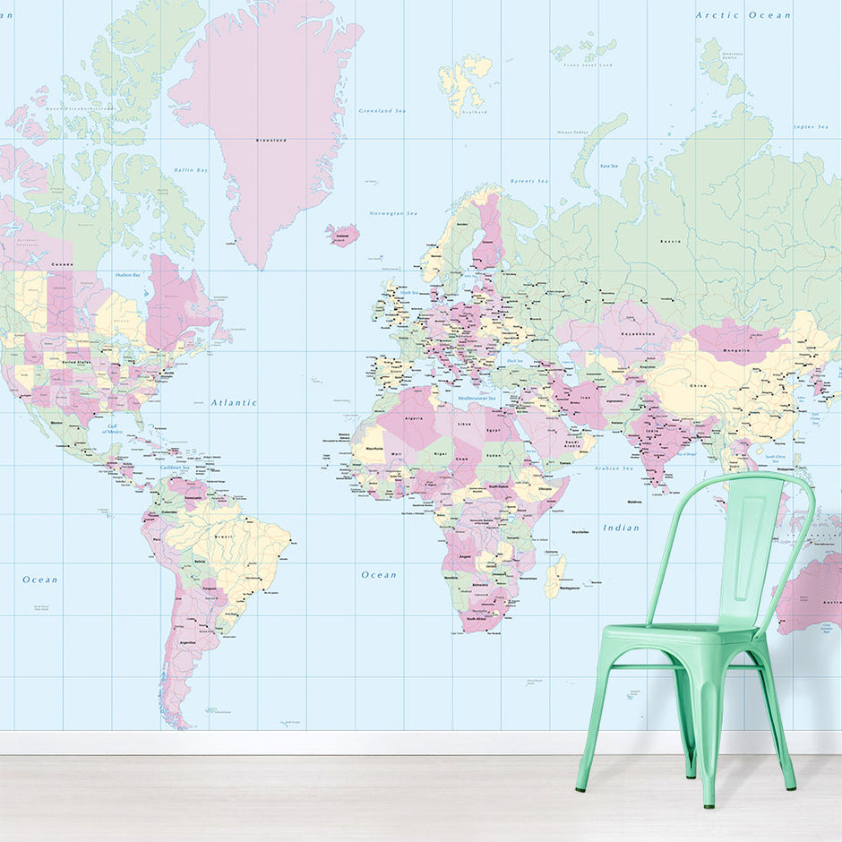 World Map Wallpaper Murals | Custom Printed Map Wallpaper for Stunning ...